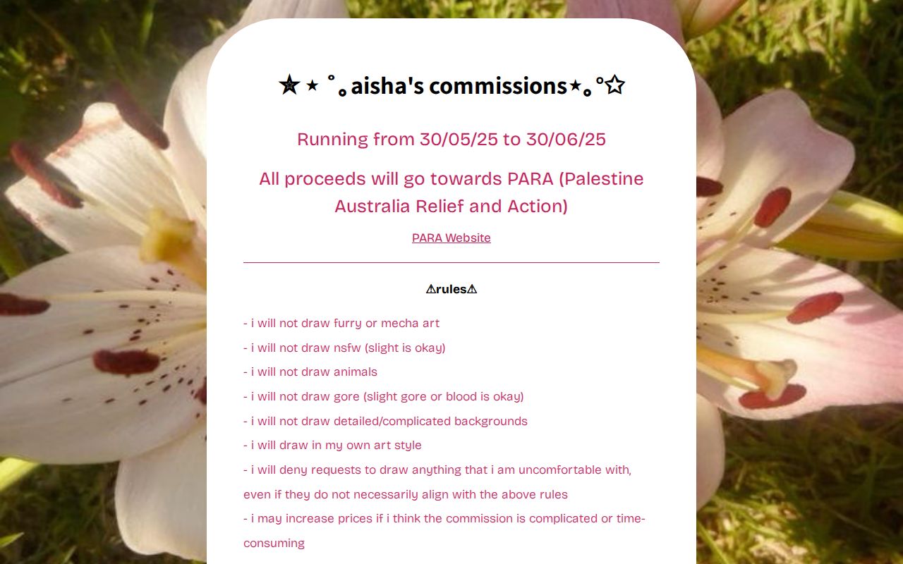 Aisha's Commissions